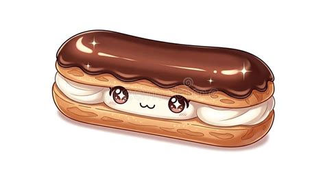 Cute Chocolate Eclair Pastry With Kawaii Face And Sparkling Glaze Stock Illustration
