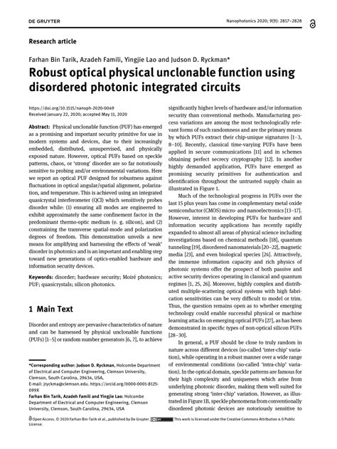 Pdf Robust Optical Physical Unclonable Function Using Disordered Photonic Integrated Circuits