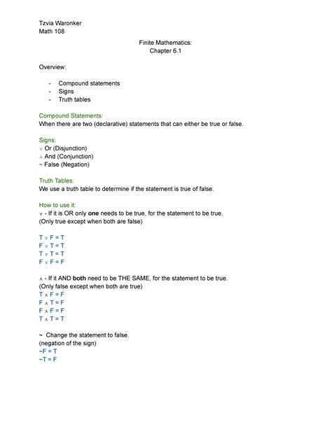 Math 108 6 Lecture Notes 1 Tzvia Waronker Math 108 Finite Mathematics Chapter 6 Overview