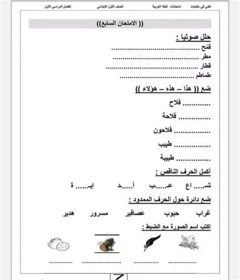 نماذج امتحانات عربي للصف الأول الابتدائي الترم الأول 2025 شبابيك