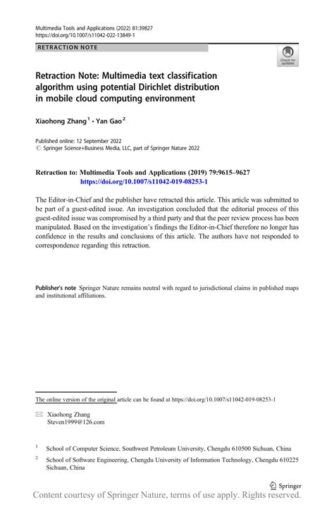 Retraction Note Multimedia Text Classification Algorithm Using Potential Dirichlet Distribution