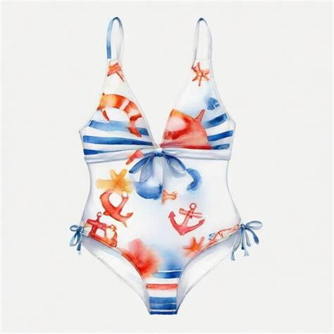 A Swimsuit With A Blue And White Bikini Top And A Bow Premium Ai