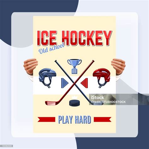 퍽 스틱과 헬멧 벡터아이스하키 포스터를 들고 있는 인간의 손 가리기에 대한 스톡 벡터 아트 및 기타 이미지 가리기 개인 장식품 겨울 스포츠 Istock
