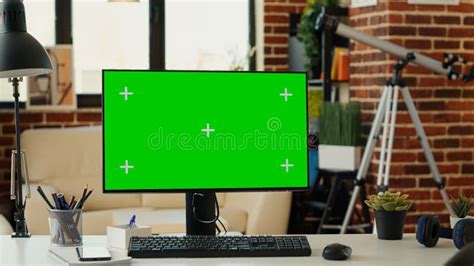 Empty Desk With Computer And Greenscreen On Monitor Stock Image Image