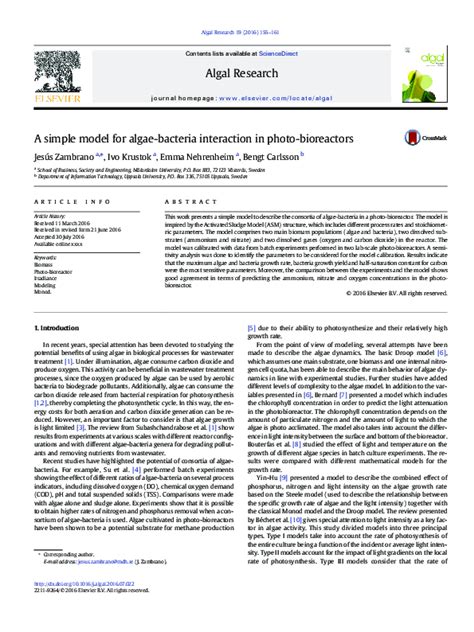 Pdf A Simple Model For Algae Bacteria Interaction In Photo Bioreactors Jesús Zambrano