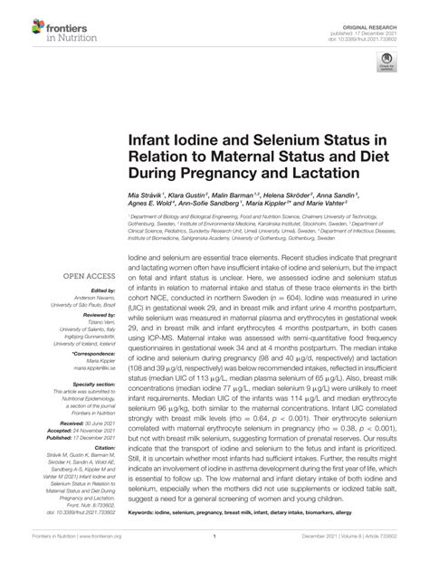 Pdf Infant Iodine And Selenium Status In Relation To Maternal Status And Diet During Pregnancy
