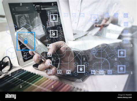 Blockchain Technology Concept With Diagram Of Chain And Encrypted Blockstwo Colleague Web