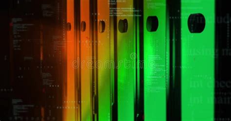 Displaying Color Lit Server Racks With Vents And Led Indicators In Data Center Binary Code