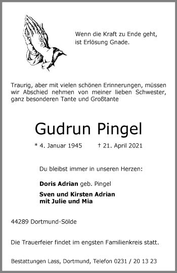Traueranzeigen Von Gudrun Pingel Trauer In Nrwde