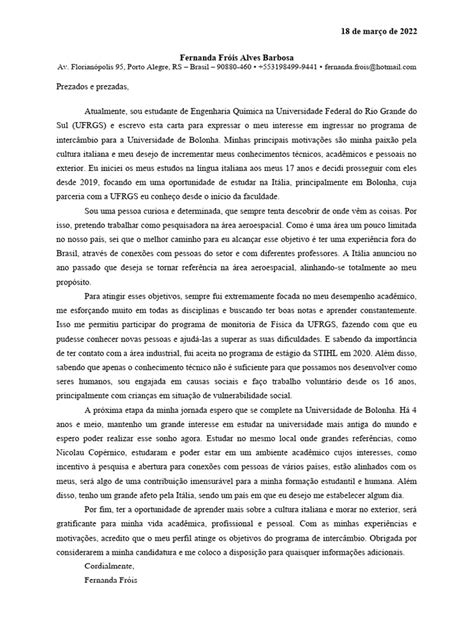 Modelo De Carta De Motivação Fernanda Fróis Università Di Bologna