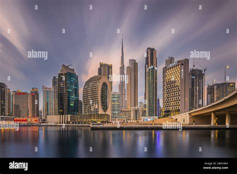 Dubai In The Evening After Sunset United Arab Emirates City Skyline High Rise Buildings With