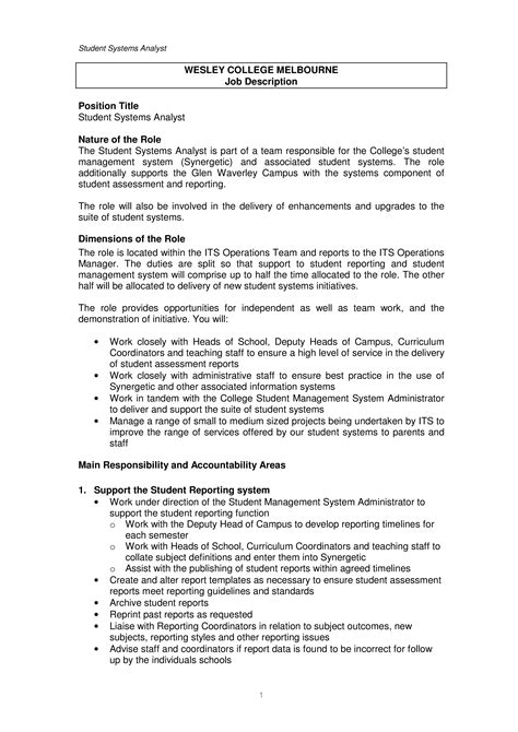 Student System Analyst Job Description Templates At
