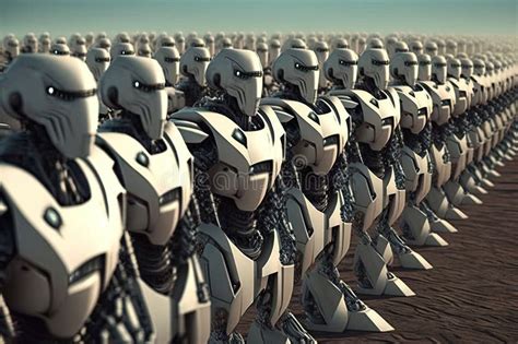 robot crowd in rows robot army created with generative ai stock