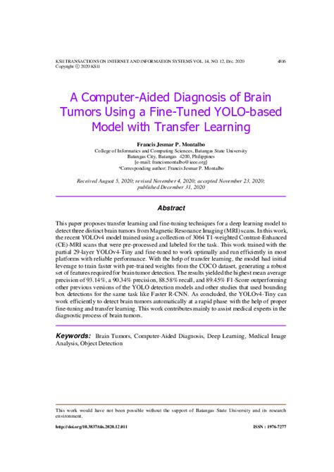 Pdf A Computer Aided Diagnosis Of Brain Tumors Using A Fine Tuned Yolo Based Model With