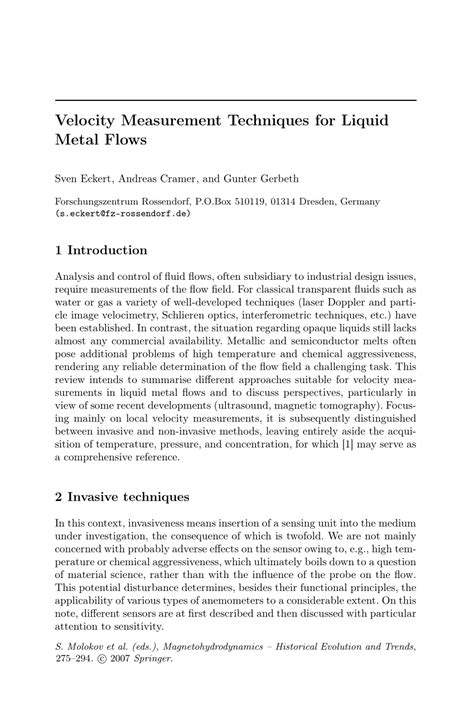 Pdf Velocity Measurement Techniques For Liquid Metal Flows