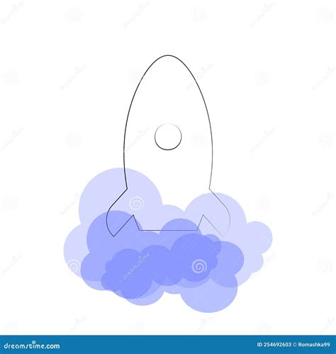 Simple Outline Rocket Ship In A Acrylic Style With Blue Smoke Isolated On White Background
