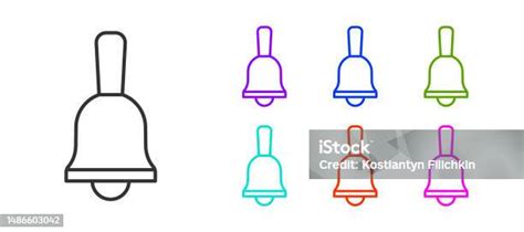 검은색 선 울리는 벨 아이콘은 흰색 배경에 분리되어 있습니다 알람 기호 서비스 벨 핸드벨 기호 알림 기호 아이콘을 화려하게 설정합니다 벡터 3차원 형태에 대한 스톡 벡터