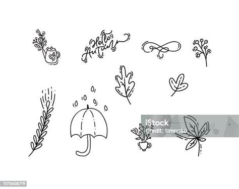 벡터 모노 라인 낙서 꽃 요소의 집합입니다 가을 컬렉션 그래픽 디자인 번들입니다 허브 잎 우산 손으로 그린 추수 감사절 현대 가을 장식 가을에 대한 스톡 벡터 아트 및 기타