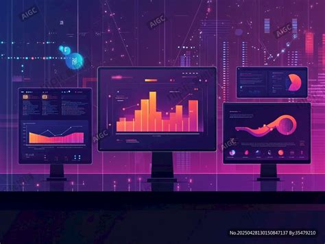 Ai创作图数据 可视化 电脑 屏幕 图表 图形 曲线 柱状图 折线图 界面 科技 背景 光影 色彩 城市 昵图网