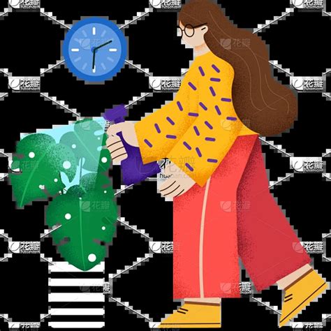 扁平风夸张抽象人物插画 浇花女孩素材 花瓣网