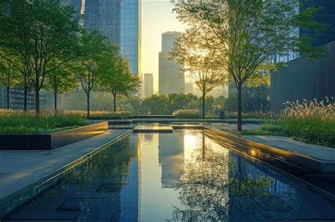 A Reflective Pool In A Modern Urban Landscape Premium Ai Generated Image