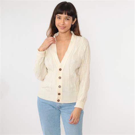 Vintage Cream Sweater Cardigan 70s Sweater Textured Diamond Button Up