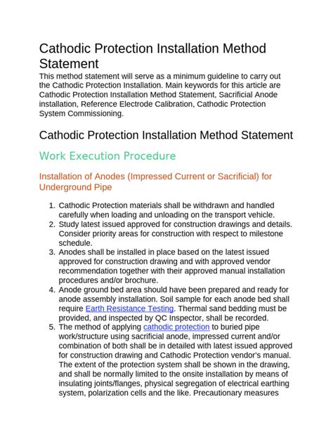 Cathodic Protection Installation Method Statement Pdf Anode Corrosion