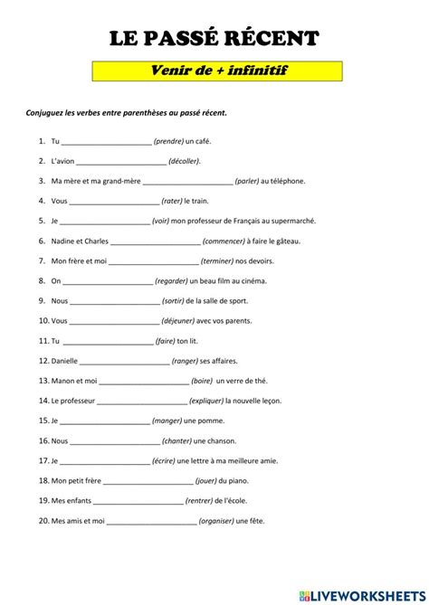 Le Passé Récent Online Worksheet French Worksheets Free French Lessons French Language Learning