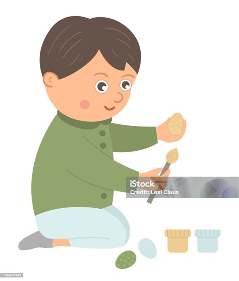 벡터 행복 소년 페인트와 브러시 계란을 착색 부활절 재미있는 캐릭터와 디자인 요소 귀여운 봄 아이콘 사진입니다 개념에 대한 스톡 벡터 아트 및 기타 이미지 Istock