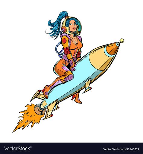 Pin Up Girl Astronaut On Rocket Outer Space Vector Image