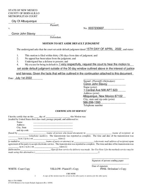 Fillable Online CV Motion To Set Aside Default Judgment Pdf Fax Email Print PdfFiller