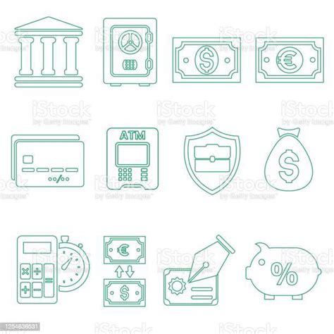 돈 뱅킹 및 금융 얇은 라인 모바일 앱 아이콘 은행 안전 달러 및 유로 지폐 신용 카드 Atm 동전 자루 스톱워치 환전 계약 예금계산기로 구성됩니다 0명에 대한 스톡 벡터