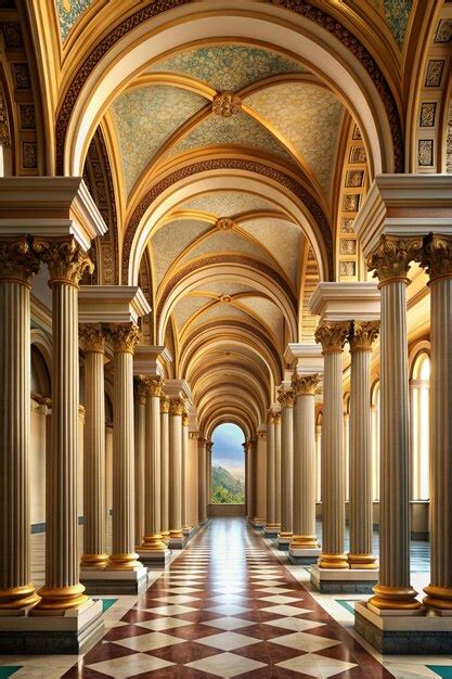 Classic Interior With Arches And Columns Perspective View Premium Ai