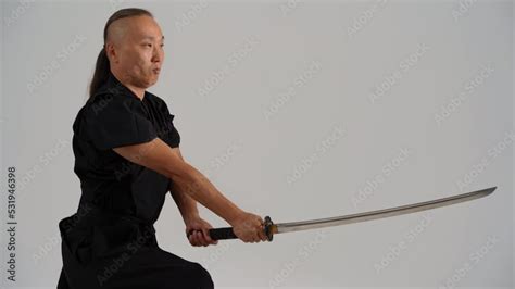 Japanese Man Traditional Dress Black Kimano Katana Samurai Sword
