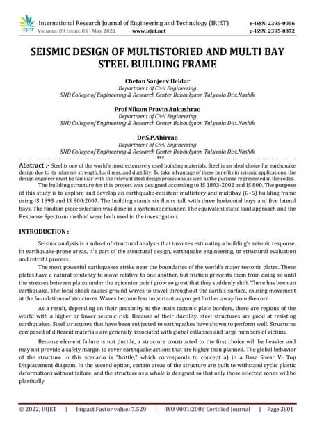 Seismic Design Of Multistoried And Multi Bay Steel Building Frame Pdf