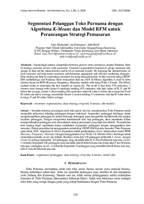 Pdf Segmentasi Pelanggan Toko Purnama Dengan Algoritma K Means Dan