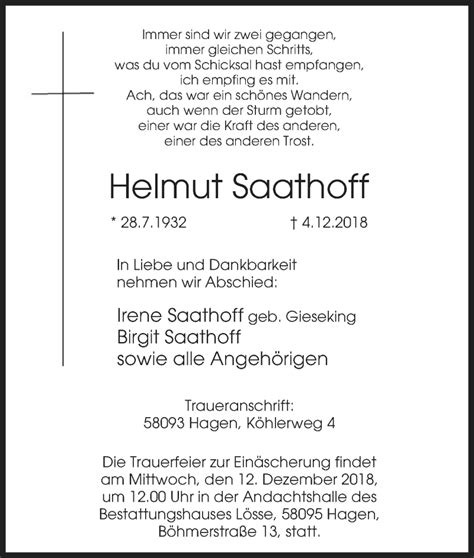 Traueranzeigen Von Helmut Saathoff Trauer In Nrwde
