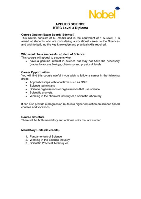 APPLIED SCIENCE BTEC Level 3 Diploma