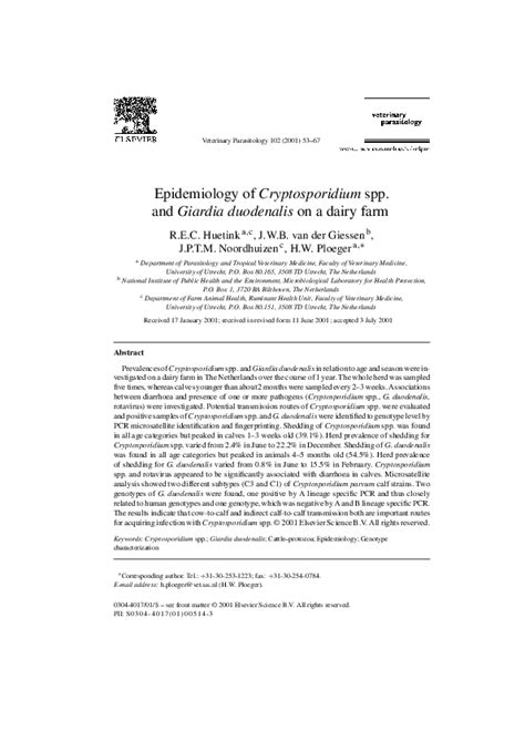 Pdf Epidemiology Of Cryptosporidium Spp And Giardia Duodenalis On A