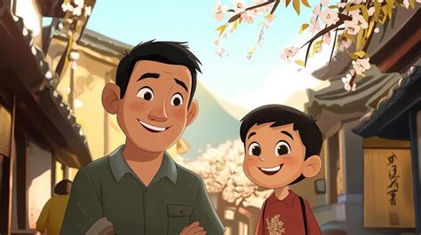 Oriental Happy Dad Cartoon Illustration Premium Ai Generated Image