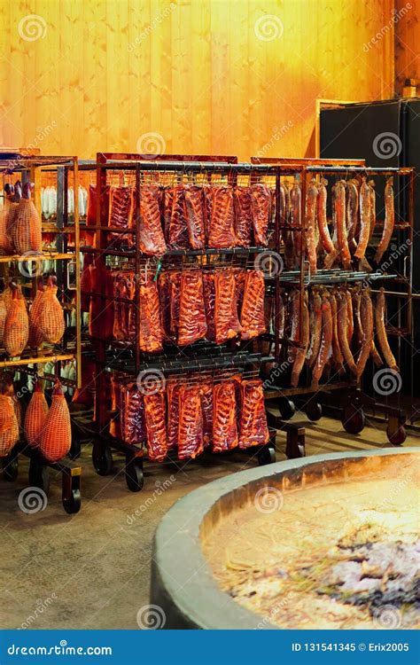 Hanging Traditional Cured French Meat Ripening Cellar In Franche Comte