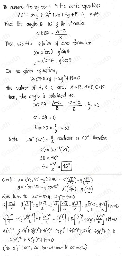 Solved Determine The Angle Of Rotation Necessary To Transform The Equation In X And Y Into An