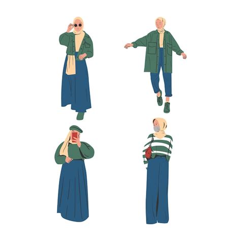 히잡을 쓴 이슬람 여성 세트의 벡터 그림 프리미엄 벡터