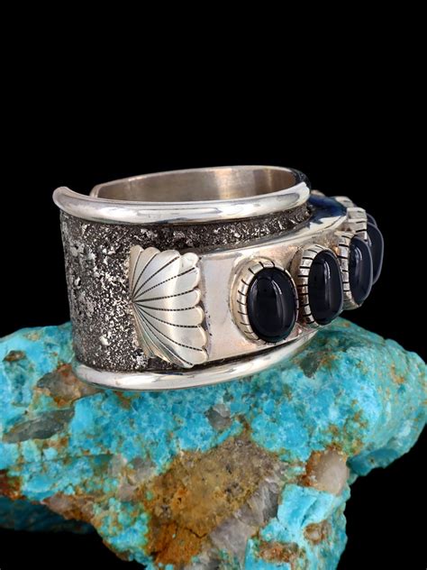Estate Vintage Heavy Native American Sterling Silver Onyx Bracelet
