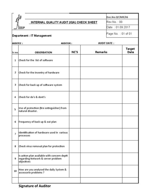 Ncs Remarks Target Date Internal Quality Audit Iqa Check Sheet Pdf