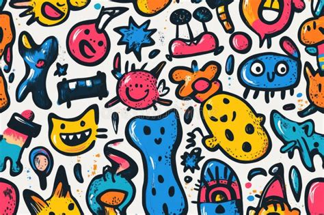 Vibrant And Playful Seamless Pattern Featuring An Array Of Quirky Colorful Cartoon Characters