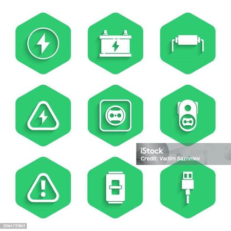 전기 콘센트 전등 스위치 Usb 케이블 코드 삼각형의 느낌표 고전압 저항 전기 및 번개 아이콘을 설정합니다 벡터 Usb 케이블에 대한 스톡 벡터 아트 및 기타 이미지