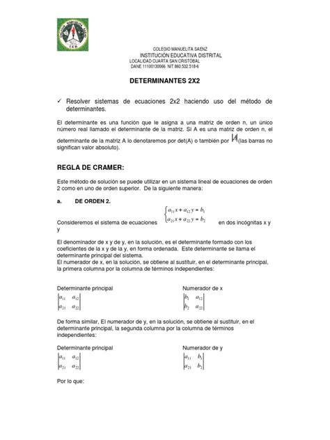 Guía Método De Determinantes 2x2 Descargar Gratis Pdf Determinante Sistema De Ecuaciones