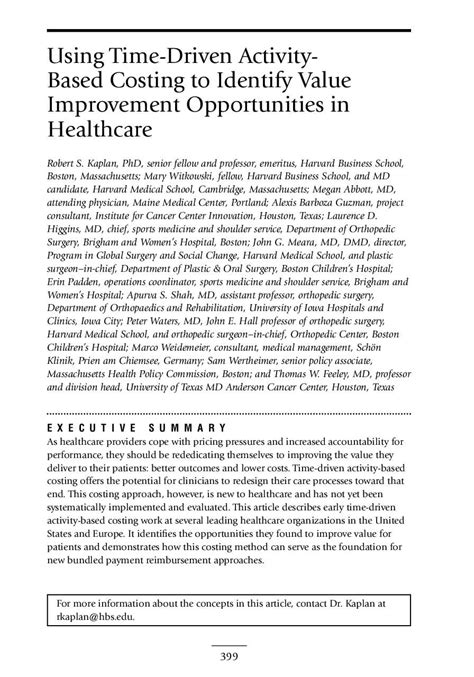 Kaplan Et Al 2014 Using Time Driven Activity Based Costing To Identify Value Improvement