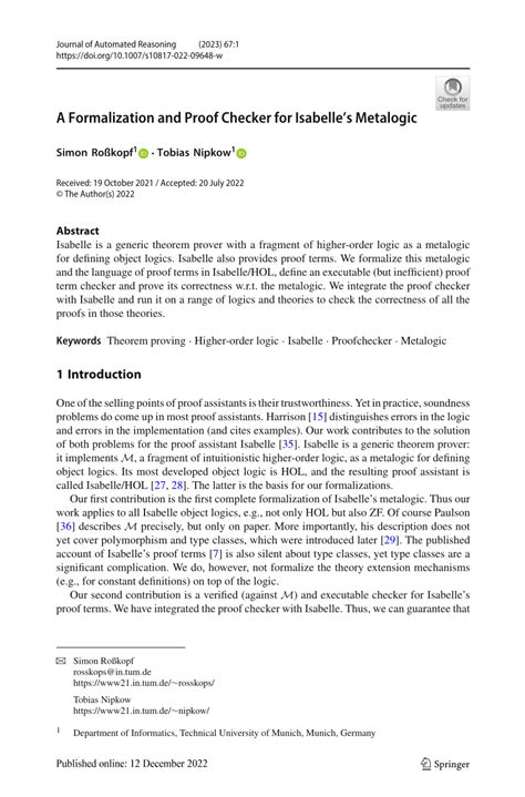 Pdf A Formalization And Proof Checker For Isabelles Metalogic